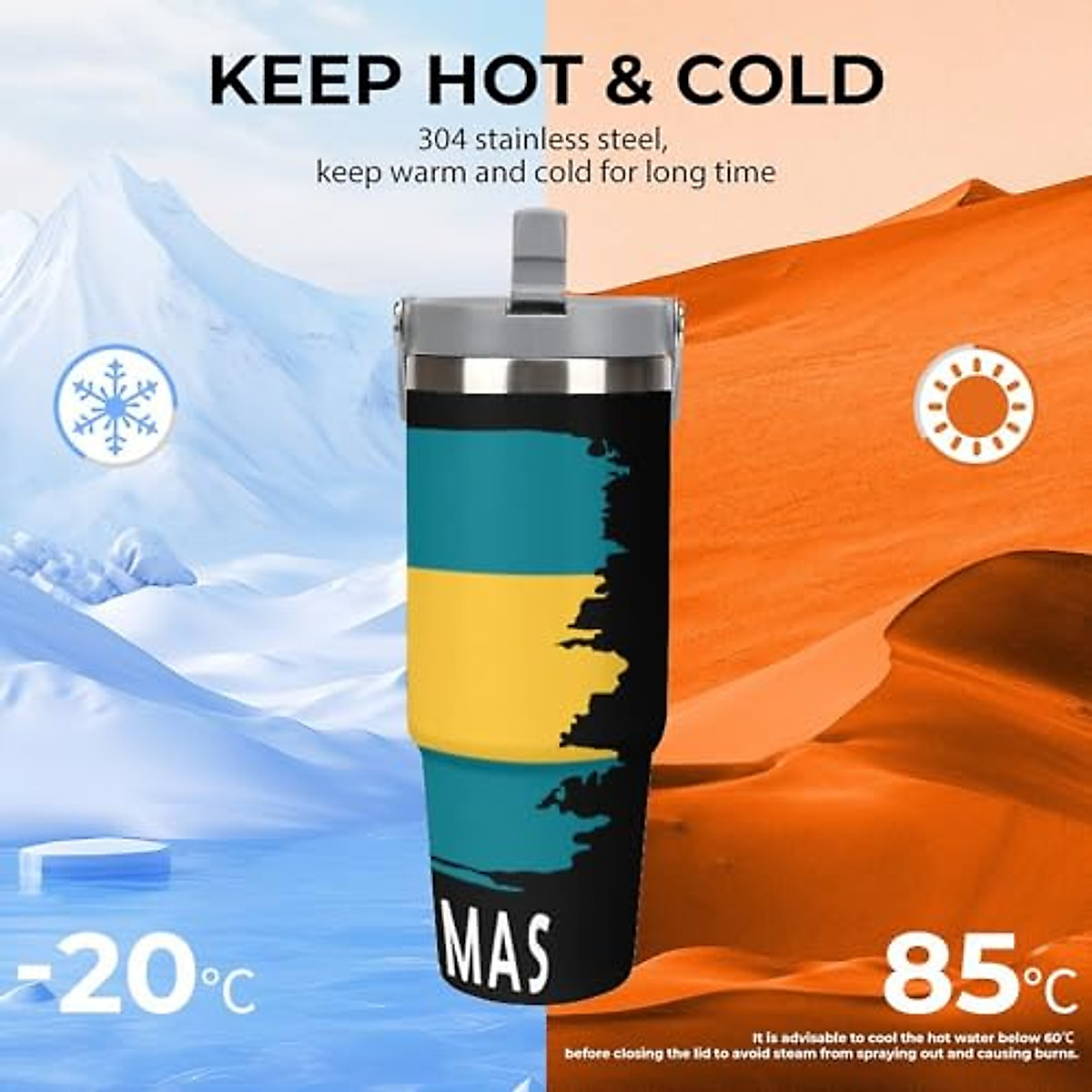 Bahamas Flag 30 OZ Insulated Tumblers with Handle And Straw Leakproof Vacuum Insulated Stainless Steel Water Bottle for Car Fishing Travel