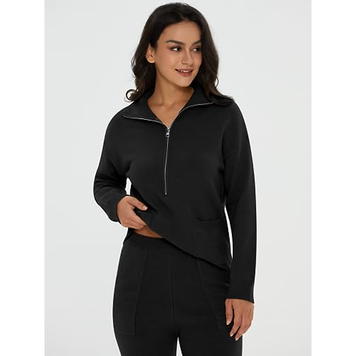 DEEP SELF Black Two Piece Sweater Set for Women Half Zip V Neck Pullover High Waist Sweatpants Knit Pajamas Set