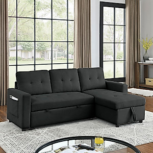 Pull Out Sleeper Sofa Convertible L-Shape Sofa Bed Reversible Sectional Couch with Storage Chaise and Side Storage Bag, Living Room Sofa Set for Living Room (Black)