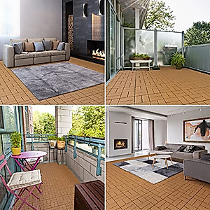 TONAHUTU 6PCS Interbuild Hardwood Interlocking Patio Deck Tiles, 12"x12" Wood Plastic Composite Tiles Outdoor Flooring for Patio Garden Deck Poolside Click Floor Decking Tile - Teak