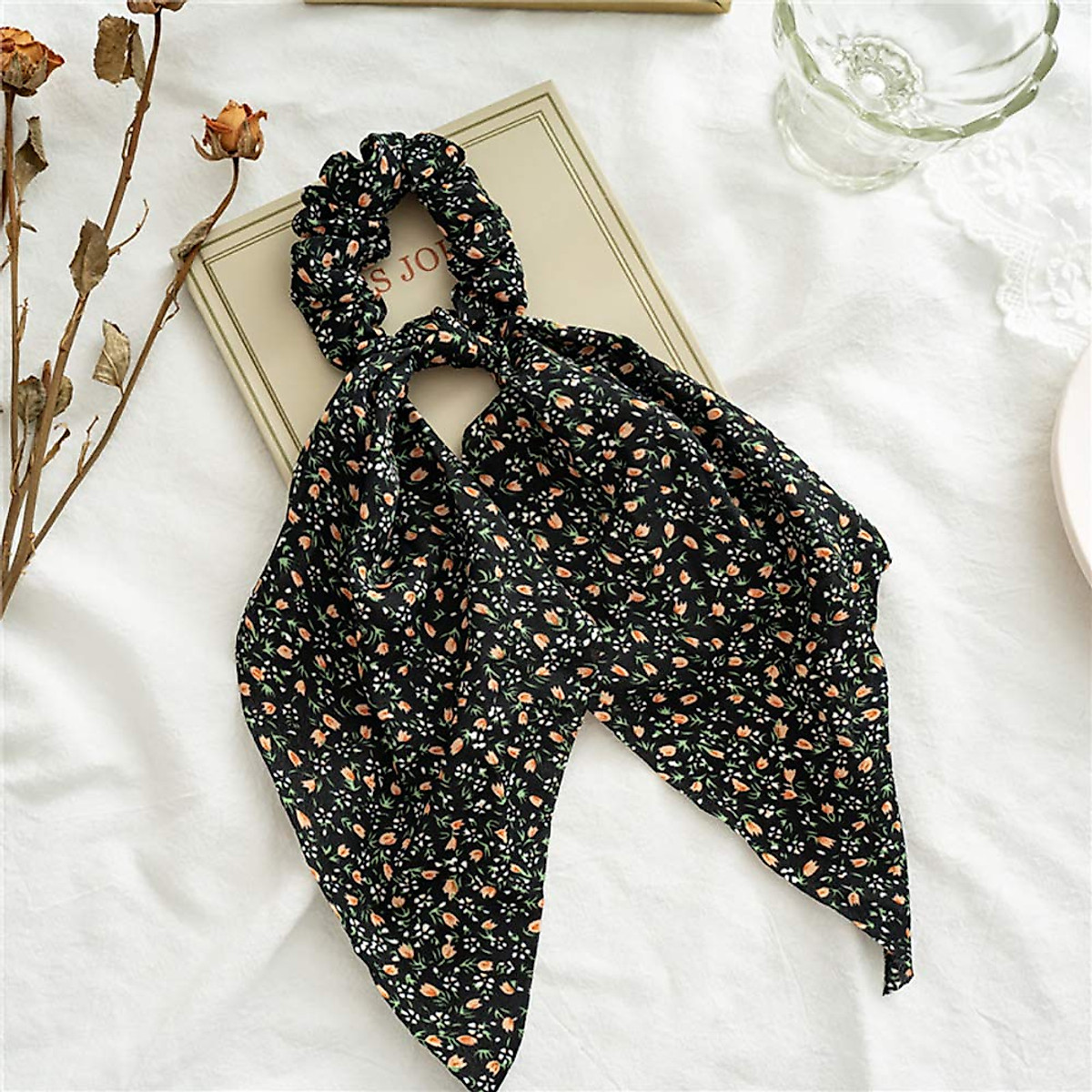 Chiffon Floral Hair Scarf with Ribbon Bows for Women and Girls - 5 Pcs Scrunchies with Ponytail Holders