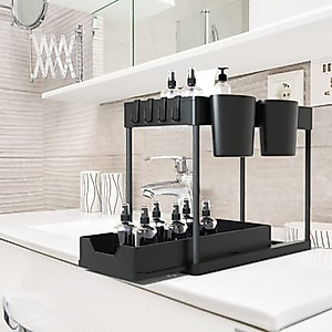 2 Pcs 2-Tier Under Sink Organizers and Storage with Bottom Pull Out Drawers, Towels Hooks and Hanging Cups, Bathroom/Kitchen Multipurpose Miscellaneous Supplies Organization And Storage Rack