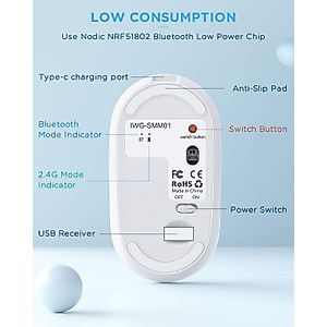 Rechargeable Bluetooth Mouse , seenda Wireless Dual Mode Mouse , 3 Adjustable DPI, USB-Type-C Cordless Mouse for iPad OS 13, MacBook, PC, Chromebook, PS4 Pro, PS5 (White)