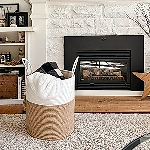 CherryNow Wicker Laundry Basket Tall Woven Hamper, Blanket Storage Basket for Living Room, Entryway, Toy Basket for Nursery, Decorative Clothes Hamper for Bedroom, White & Jute, 51L, 15 x 17.7 inches