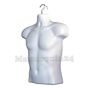 DisplayTown Male Female Mannequin Torso with Stand, Dress Form, Tshirt Display, Hollow Back Body w/Metal Stand and Hook for Countertop Craft Shows Tabletop Clothing S-M Size (White)