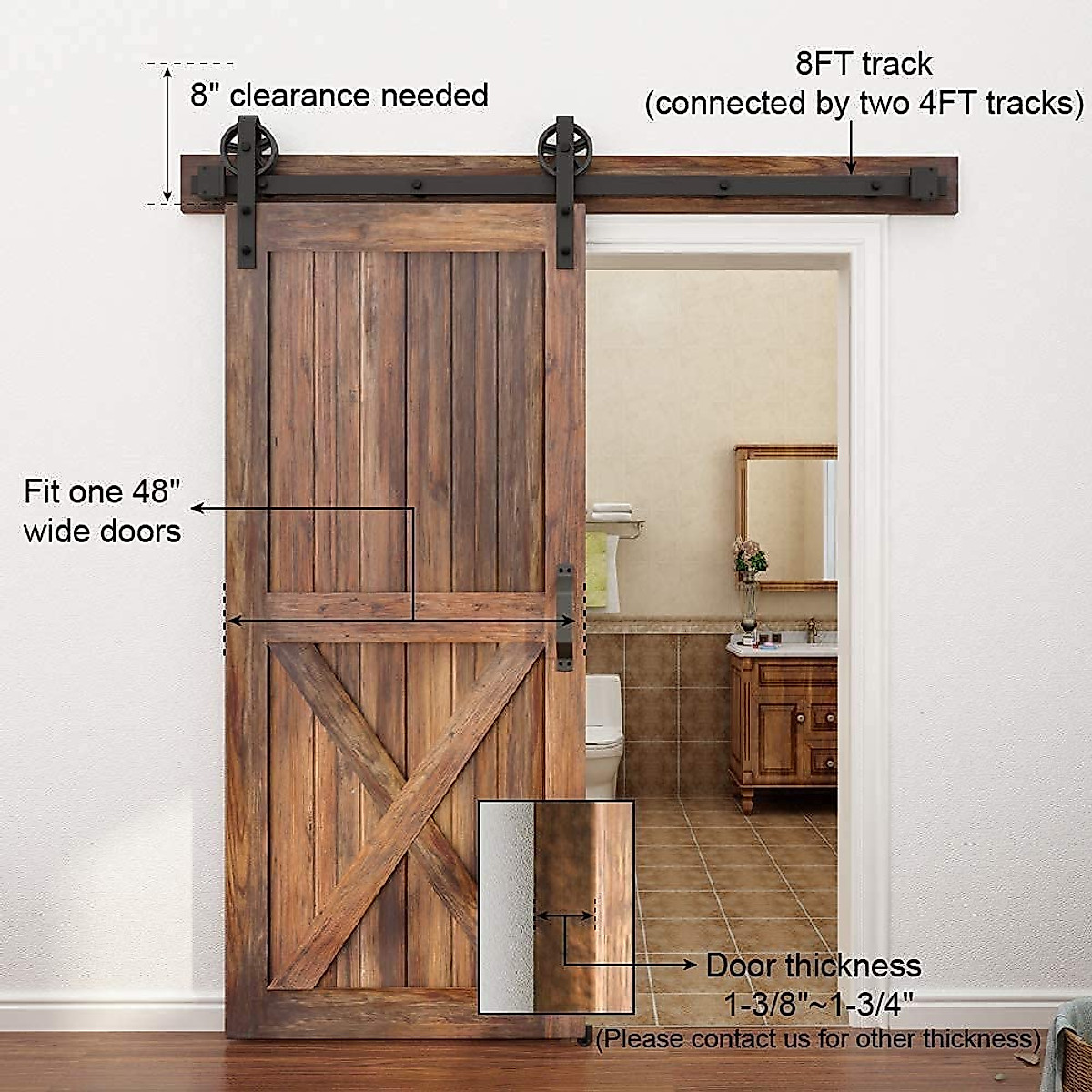 WINSOON 8FT Single Door Sliding Barn Door Hardware Kit with 1pc Barn Door Handle Set with 1pc Adjustable Floor Guide