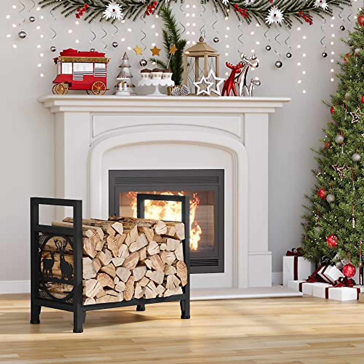 Timechee Firewood Log Rack Holder, Wrought Iron Fireplace Bin Log Rack with Adjustable Foot Pads, Heavy Duty Log Carrier Rack Storage Bin for Firepit Stove Indoor (Deer)