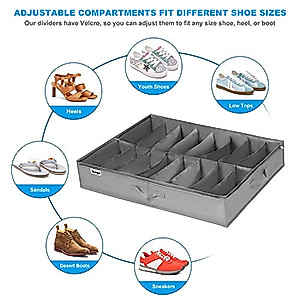 INAYA Under Bed Shoe Storage Organizer Set of 2, Fits 32 Pairs, Underbed Shoe Box Storage Containers Adjustable Dividers w/Bottom Support Velcro, Clear Foldable Shoes Storage w/Reinforced Handles