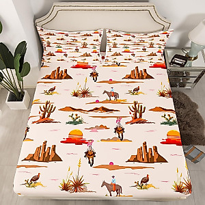 Erosebridal Western Cowboy Bed Sheets Queen, Retro Animal Fitted Sheet for Kids, Cartoon Sunset Desert Cowgirl Sheets, American Adventure Brown Bedding Set