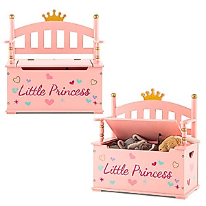 Costzon Wooden Toy Box, 2 in 1 Toy Chest Storage Bench Seat with Safety Hinged Lid, Kids Toy Storage Organizer for Playroom Bedroom, Children's Furniture, Gift for Toddler Girls Age 3+, Pink