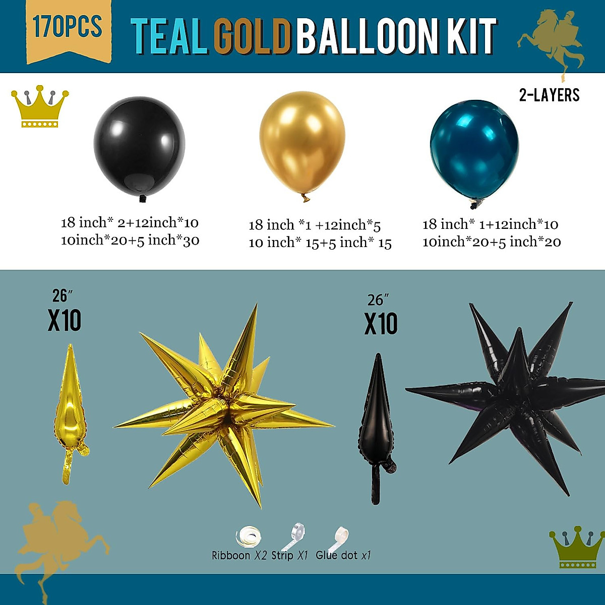 Chrome dark Teal and gold black Balloon Garland Kit 170Pcs Double-Stuffed Navy Teal Blue With Starburst Balloons for Birthday anniversary Baby Shower 2024 graduation prom Luxury shop decorations