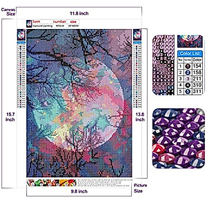 AIRDEA DIY 5D Diamond Painting Moon by Number Kits for Adults, Bright Moon Diamond Painting Kits Round Full Drill Diamond Art Kits Moon Night Picture Arts Craft for Home Wall Art Decor 11.8x15.8 inch