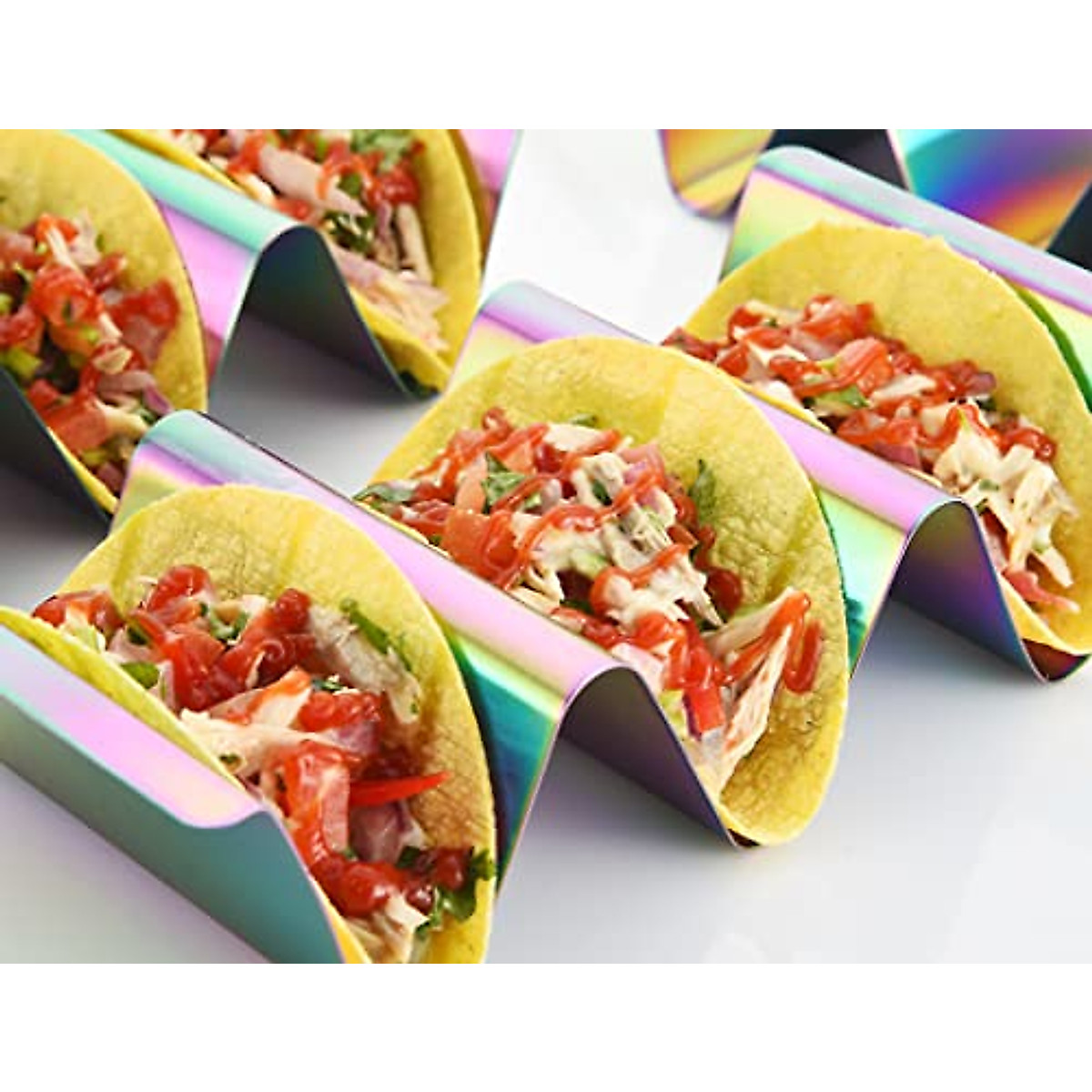 Taco Holder Set of 4 -Taco Tuesday Taco Stand Tray by Titanium Plated Stainless Steel-Perfect for Burritos Nachos Fajitas-Beautiful Colors