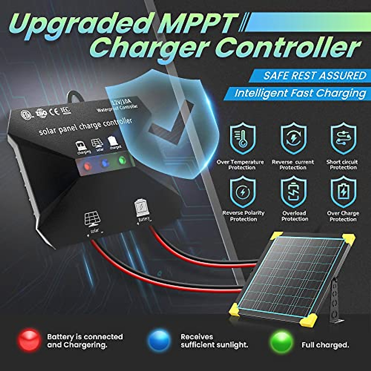 Voltset 20W 12V Solar Panel Kit, Solar Battery Trickle Charger Maintainer with MPPT Solar Charge Controller, Extension Cable Clips O-Ring Terminal & Adjustable Mount Bracket for Car Motorcycle Marine