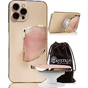 CRYSTALFY Rose Quartz Crystal Phone Grip & Phone Stand: Authentic Natural Gemstone Swappable Top, Expandable Collapsible Holder for Smartphones and Tablets (Rose Quartz Irregular Gold Edge)