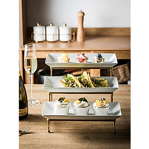 Cormomu 3 Tier Serving Tray, Tiered Serving Stand Display Set for Entertraining Dessert Table Serving Tray with Stand, White Ceramic Banquet Serving Platters for Party, 12 Inches (Gold)