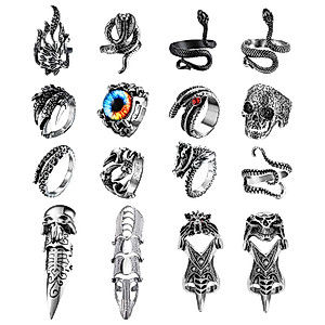 FIBO STEEL 16 Pieces Vintage Punk Rings Gothic Rock Knuckle Joint Full Finger Rings Set Dragon Snake Claw Skull Octopus Eyes of Hell Open Adjustable Rings Halloween Vampire Cosplay Party Accessory