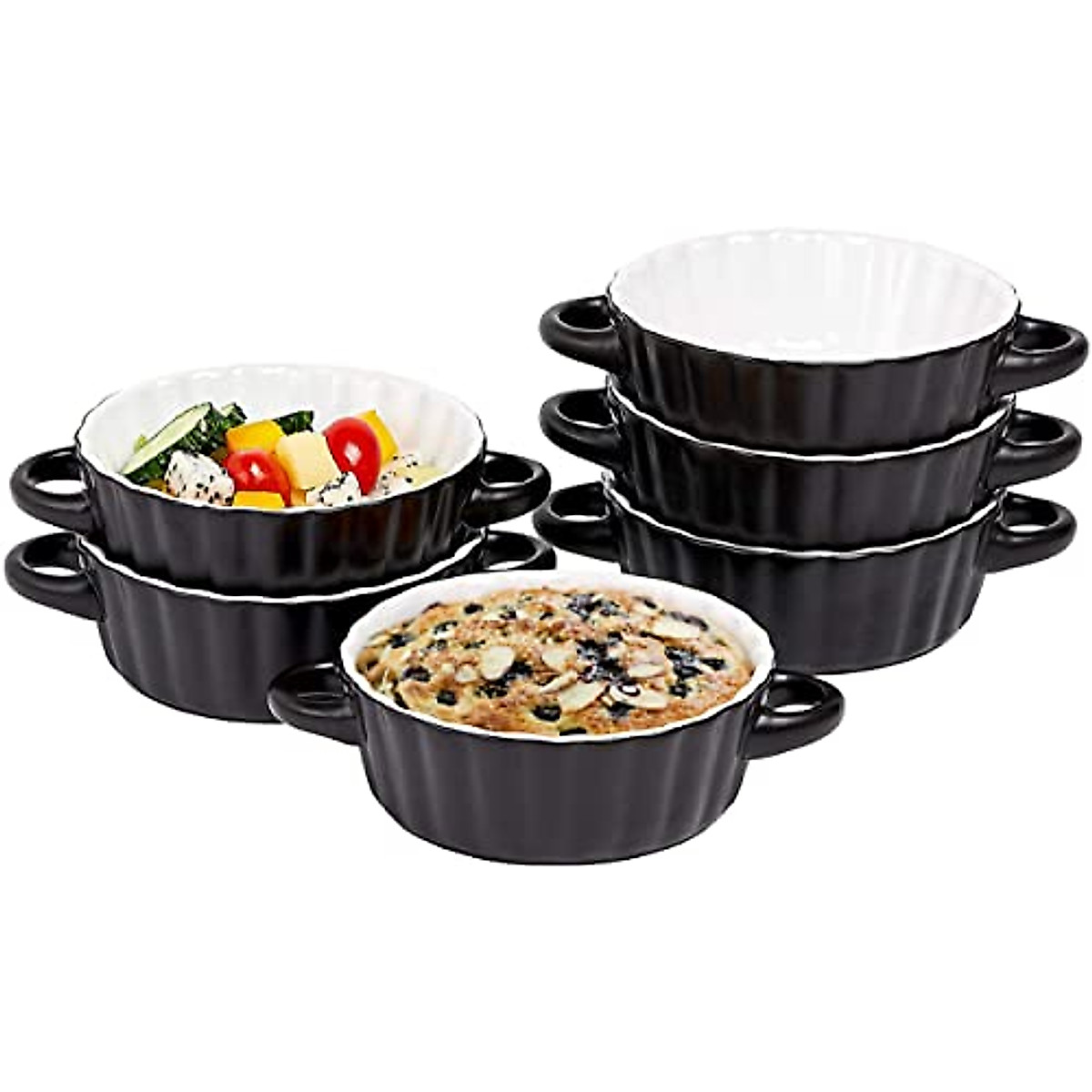 Bruntmor Ceramic Soup Bowls with Double Handles, 10 Oz Stacked Bowls for French Onion Soup, Cereal, Pot Pies, Stew, Chill, Pasta, Set of 6,Black with White Interior