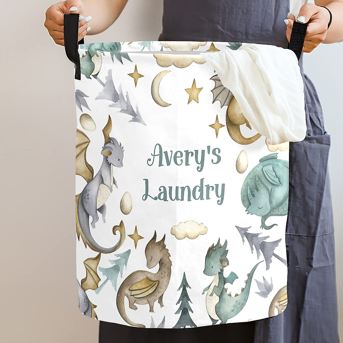 Personalized Laundry Basket for Boys Girls, Animals Dragon Watercolor Custom Laundry Basket Waterproof Coating with Handles,For Bathroom Bedroom Living Room