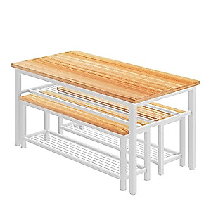 Lamerge 3-Piece Dining Table Set, Oak Dining Table with Storage Shelf, Kitchen Table and Chairs Set for 4, Dining Table Set with 2 Benches, Industrial Dining Table Set for Dining Room, Kitchen