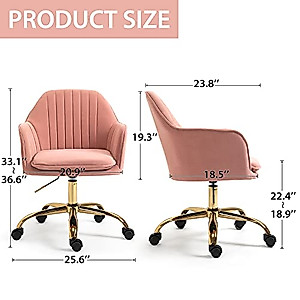 AVAWING Pink Chair Cute Office Chair, Mid-Back Vanity Chair Adjustable Task Office Chair 360°Swivel Roller Chair with Arms and Gold Metal Base for Home Office, Vanity Room, Bedroom