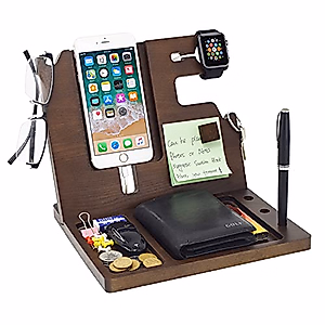 SOOMME Wood Phone Docking Station Ash Wallet Stand Watch Organizer Key Holder to Boyfriend Husband Wife Dad Birthday Nightstand Purse Father Graduation Male Travel Idea Gadgets