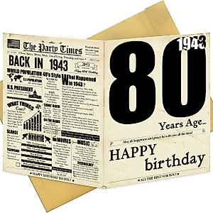 algpty Vintage Large 80th Birthday Card, 80th Birthday Gift for Men Women, 80th Birthday Decorations, 80th 1943 Birthday Gifts Ideas for Dad Mom, Jumbo 80 Year Old Greeting Card for Wife and Husband