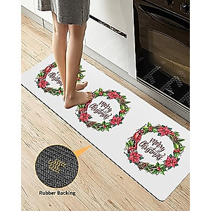 Merry Christmas Bath Mat for Tub,Non Slip Bathroom Floor Runner Rug Quick Dry & Absorbent Diatomaceous Earth Shower Sink Bedroom Kitchen Washable Doormat,Winter Poinsettia Holly Pine Berries 18"x47"