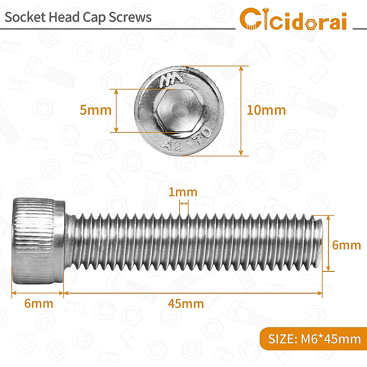 Cicidorai M6-1.0 x 45mm Socket Head Cap Screws Bolts, 304 Stainless Steel (A2-70), Allen Socket Drive, Bright Finish, Full Machine Threads, Quantity 25