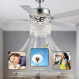 CROSSIO 52 Inch Crystal Ceiling Fan with Light and Remote Control, Modern Chandelier Fan with 5 Reversible Wood Blades Chrome Fandelier for Living Room Bedroom (Fine line Crystal-Ceiling Fan)
