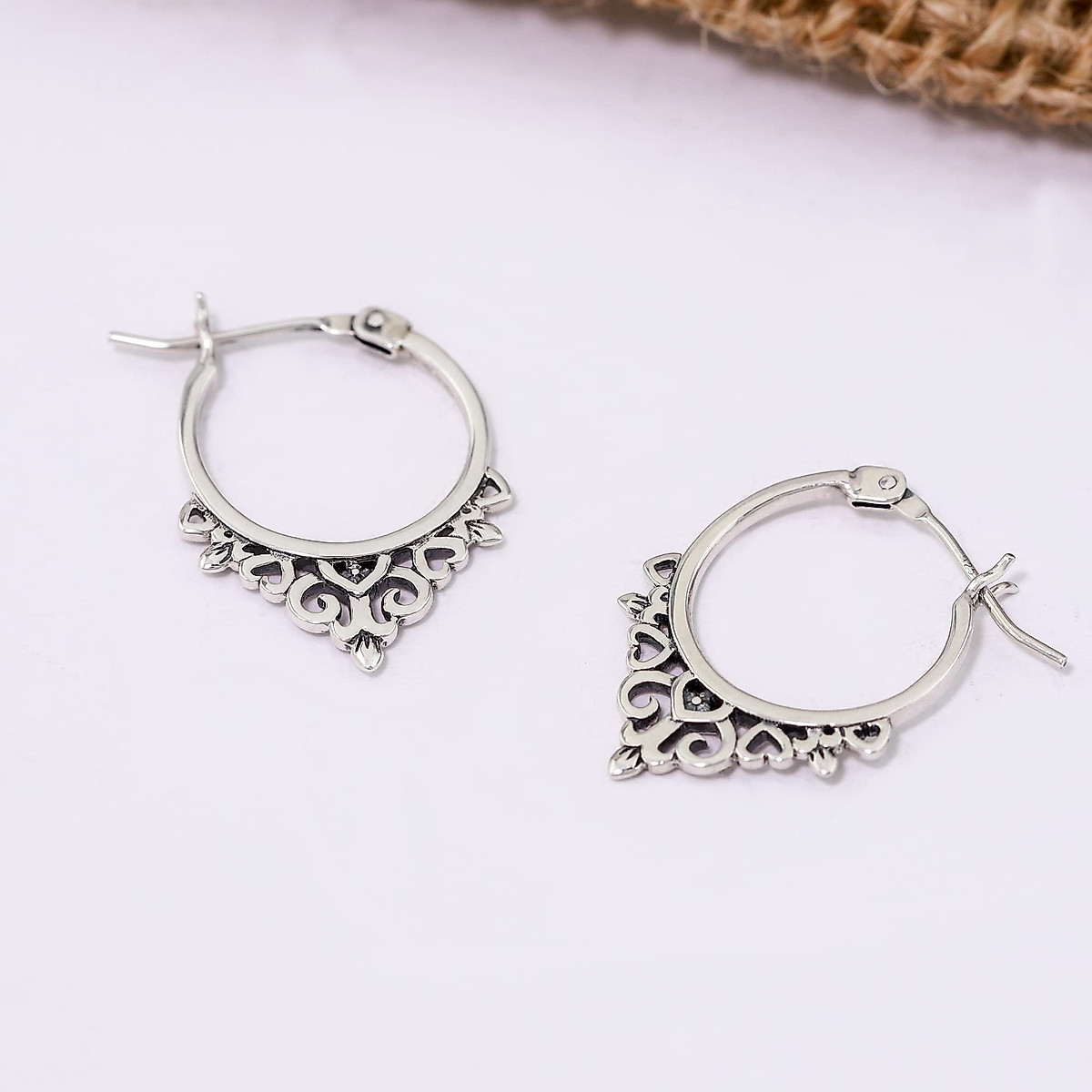 Boma Jewelry Sterling Silver Bohemian Filigree Snap Down Hoop Earrings