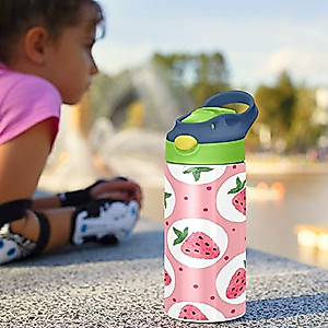 Kigai Strawberry Kids Water Bottle, BPA-Free Vacuum Insulated Stainless Steel Water Bottle with Straw Lid Double Walled Leakproof Flask for Girls Boys Toddlers, 12Oz