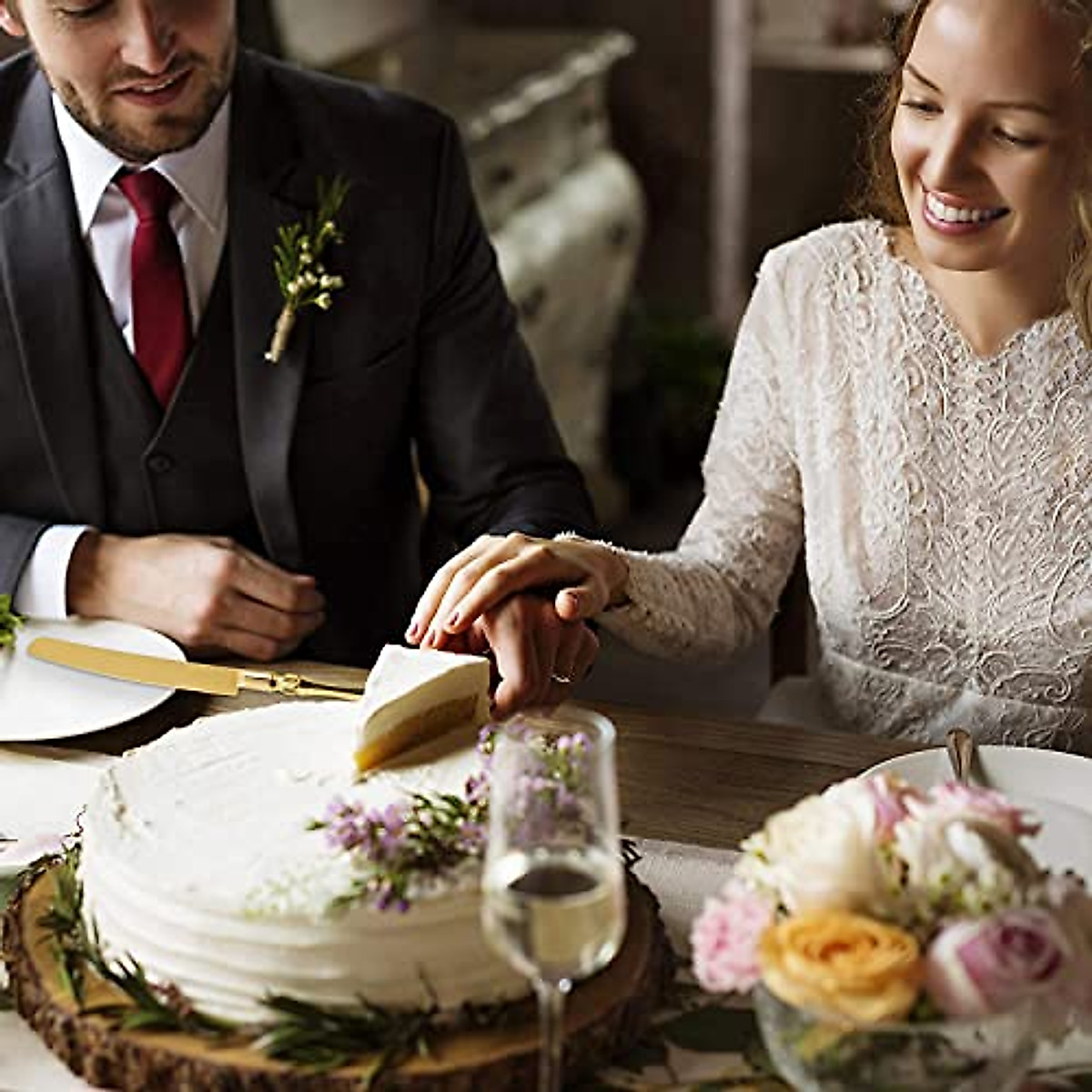 Homi Styles Wedding Cake knife and Server Set | Elegant Gold Color Plastic Handles And Premium 420 Stainless Steel Titanium gold plated Blades | Cake & Pie Serving Set for Wedding,Birthdays, Parties