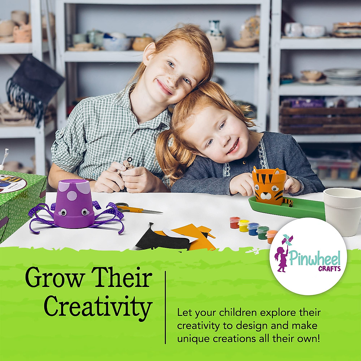 Pinwheel Crafts Flower Pot Kit - Set Comes with 3 Planters, 8 Paints, 2 Brushes & Much More - Paint Your Own Pot Set Garden Kit for Kids - Arts and Crafts for Kids Ages 4-8 (Original)