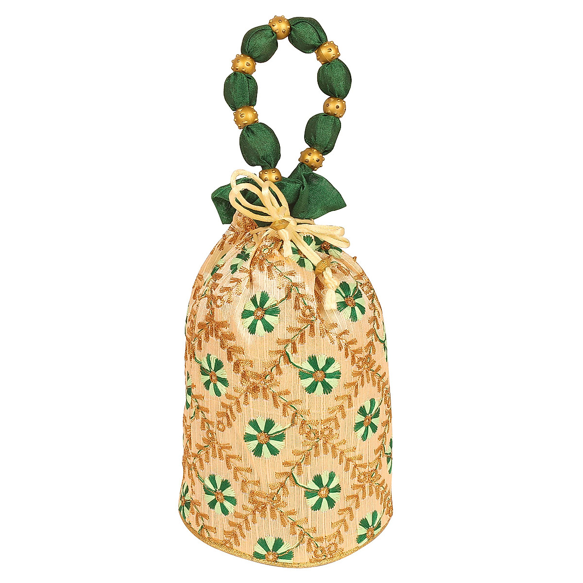 INDTRESOR beaded handcrafted embroidered evening purse drawstring handbag vintage party wedding gift for women. Green Gold