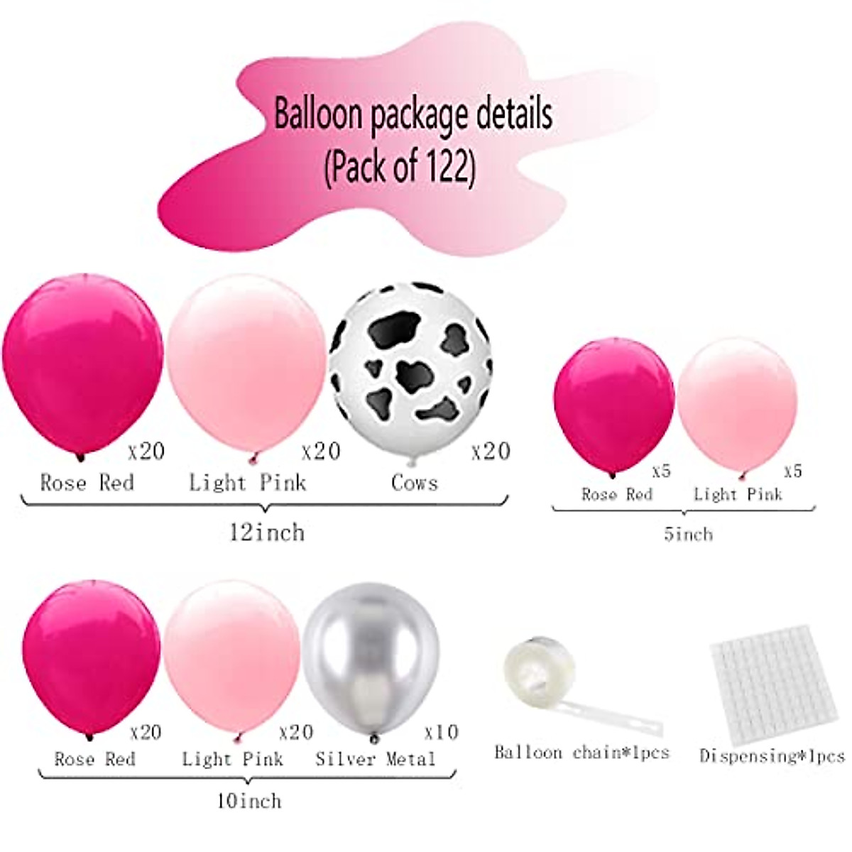 Rose Red Cow Balloon Garland Arch Kit - 122pcs Cow Print Balloons Rose Red Pink Metallic Silver Balloons for Cowgirl Birthday Wedding Anniversary Western Theme Last Rodeo Bachelorette Party Decoration