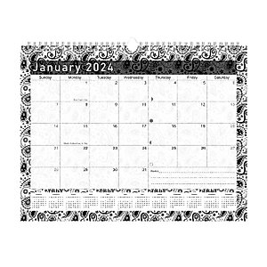 2023-2024 Monthly Spiral-Bound Wall/Desk Calendar - 16 Months Desktop/Wall Blotter Calendar/Planner - (Black&White Paisley - Edition #011)
