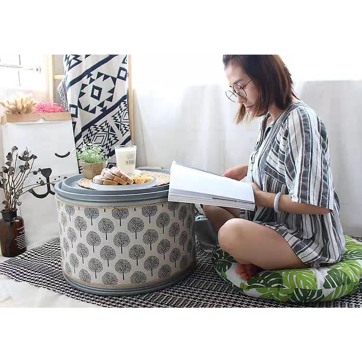 YUNZLAN Printed Patterns Chair Cushions 18" Round Chair Pads Cotton Linen Nordic Seat Cushions Comfort for Kitchen Chair Office Chair Indoor Outdoor (Grey Triangle)