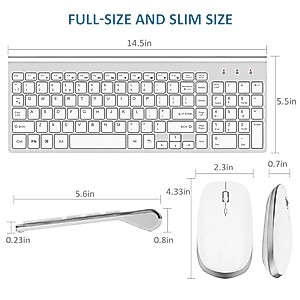 Wireless Keyboard and Mouse, USB Slim Compact Keyboard with Number pad, Ergonomics Quiet Keyboard Mouse for Laptop Computer PC Mac Windows, White Silver