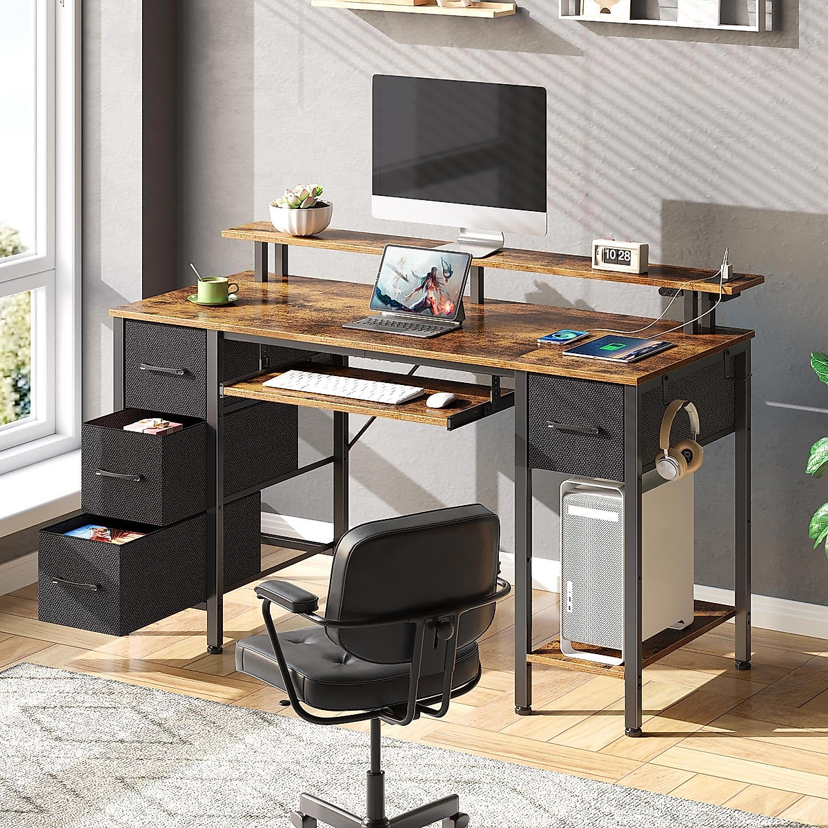 Seventable Computer Desk 47.2" with LED Lights & Power Outlets, Home Office Desk with 4 Drawers, Writing Desk with Keyboard Tray, Study Desk with Monitor Stand, Work Desk for Home Office, Rustic Brown