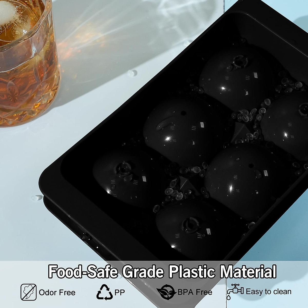 WIBIMEN Large Ice Cube Molds, Big Round Whiskey Ice Cube Trays for Freezer, Easy to Fill & Release, Whiskey Bourbon Cocktail(1.9In*6 Balls- Black/2 Pack)