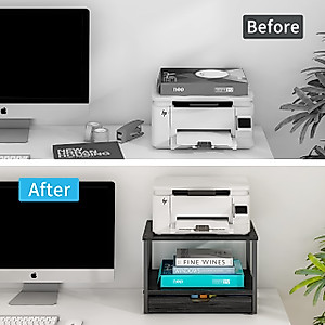 Simple Trending 2 Tier Desktop Printer Stand with Sliding Wood Storage Drawer, Multi-Purpose Desk Organizer for Fax Machine, Scanner, Files, Books, Black