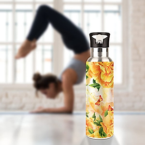 Yellow Rose Water Bottle Watercolor Reusable Leak-Proof Insulated Water Bottle BPA Free Stainless Steel Sport Water Bottle with Straw for Fitness Outdoor Hiking School 600ml