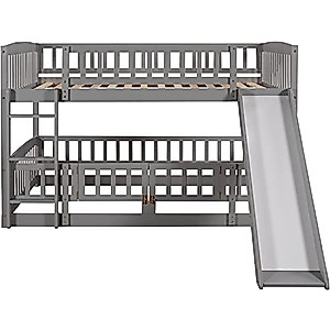 Harper & Bright Designs Low Bunk Beds Full Over Full, Wood Kids Bunk Bed with Slide, Fence and Ladder, Full Size Bunk Beds for Girls Boys, Grey