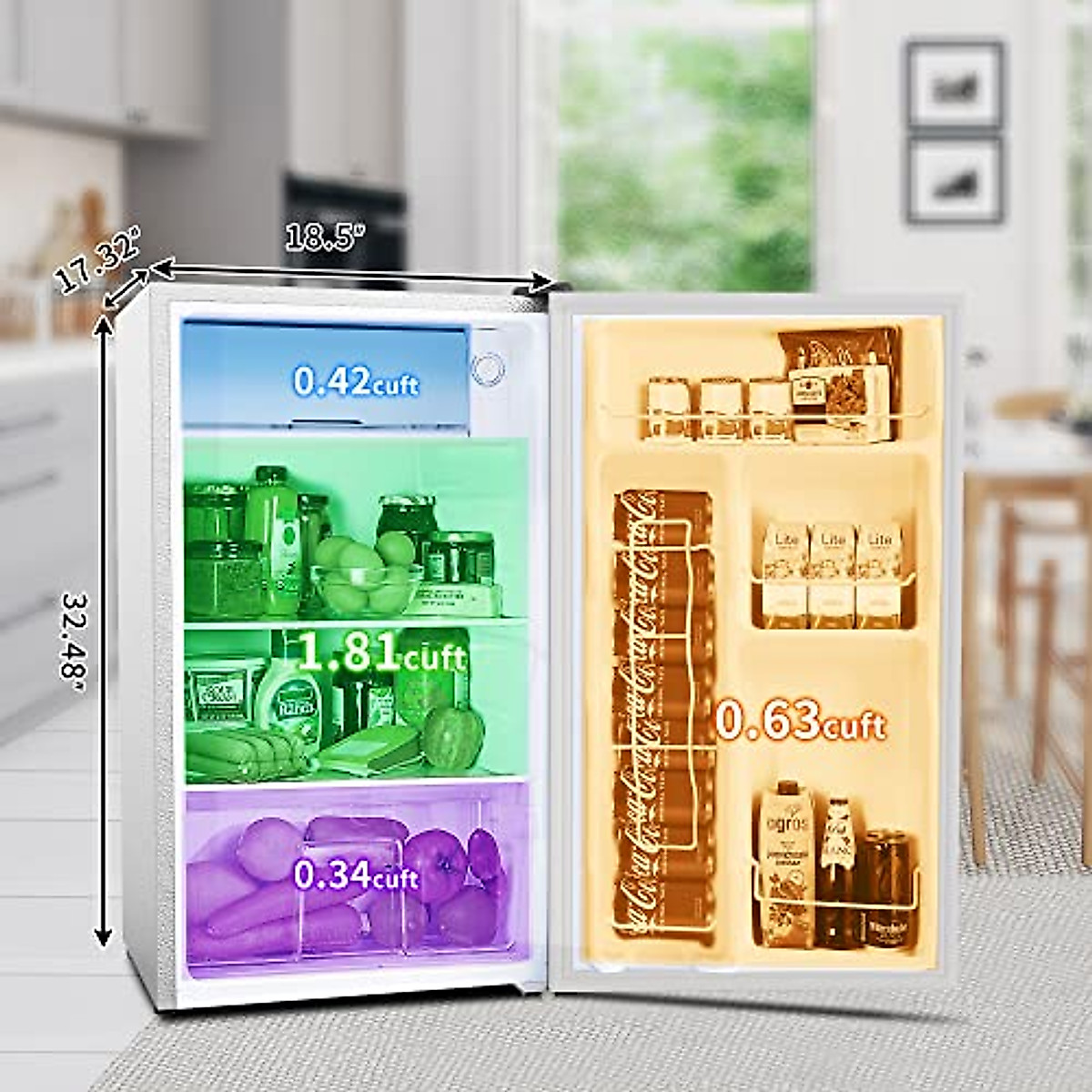 PEIHONGET Mini Fridge with Freezer, 3.2 Cu.ft, 5 Settings Temperature Adjustable, Low Noise, Reversible Single Door, Compact Refrigerator for Bedroom Office and Dorm, Apartment, Kitchen(Silver)