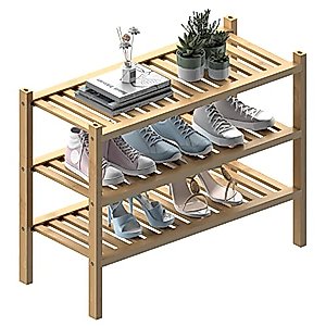 ROMGUAR CRAFT (Thick Bamboo Shoe Rack for Entryway, 3-Tier Free Standing Shoe Racks Stackable Shoe Rack Organizer For Hallway Closet Living Room 27 x12 x21 Inches