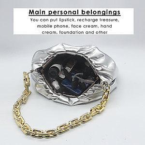 NAARIIAN Women‘s cloud-shape Metallic PU dumpling bags | Chunky chain clutch purses | Detachable shoulder strap Evening Handbags (Silver)