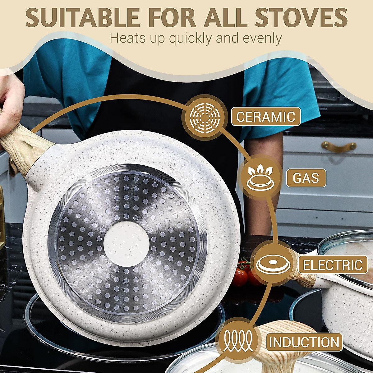 Wodillo Pots and Pans Set Nonstick, Beige Induction Kitchen Cookware Sets, Healthy Skillet Non Sticking Saute Pan & Saucepans(PFOS, PFOA Free)