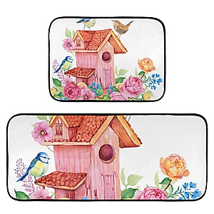 Birdhouse Birds Kitchen Mat Rugs Set of 2 Spring Flowers Comfort Floor Runner Anti Fatigue Non Slid Cushioned Kitchen Carpet Rug for Living Room Laundry Hallway Home Decor