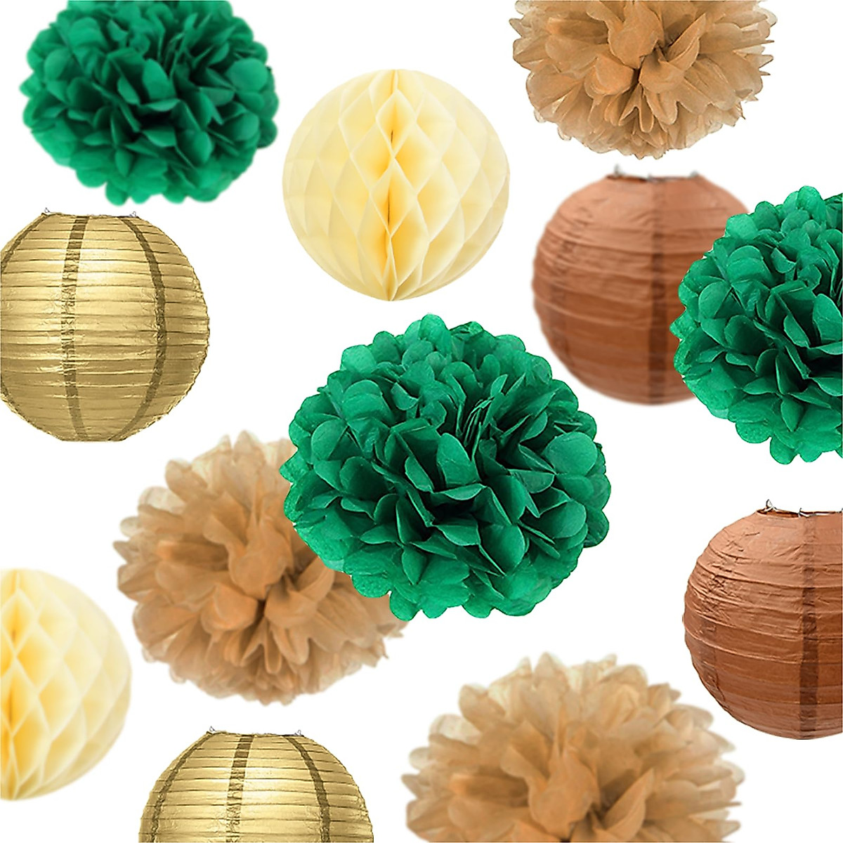 HappyField Woodland Animals Birthday Party Decorations Woodland Animals Baby Shower Decorations for Boy or Girl Rustic Gold Green Tan Brown Tissue Poms Paper Lanterns Gender Neutral Baby Shower Decor